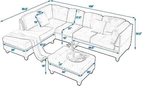 UBGO Living Room Furniture Sets,L-Shaped 2 Small Pillows&Storage Ottoman,Sectional 3-Seaters Sofa with Extra Wide Reversible Chaise,Upholstered Couch for Large Space Apartments, Gray i