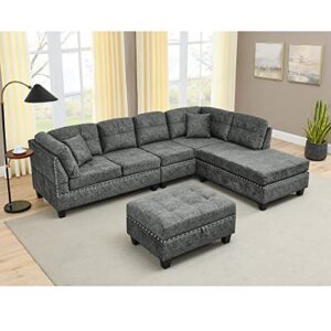 UBGO Living Room Furniture Sets,L-Shaped 2 Small Pillows&Storage Ottoman,Sectional 3-Seaters Sofa with Extra Wide Reversible Chaise,Upholstered Couch for Large Space Apartments, Gray i