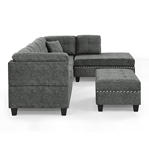 UBGO Living Room Furniture Sets,L-Shaped 2 Small Pillows&Storage Ottoman,Sectional 3-Seaters Sofa with Extra Wide Reversible Chaise,Upholstered Couch for Large Space Apartments, Gray i