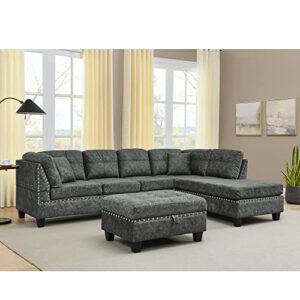 UBGO Living Room Furniture Sets,L-Shaped 2 Small Pillows&Storage Ottoman,Sectional 3-Seaters Sofa with Extra Wide Reversible Chaise,Upholstered Couch for Large Space Apartments, Gray i