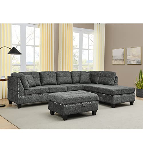 UBGO Living Room Furniture Sets,L-Shaped 2 Small Pillows&Storage Ottoman,Sectional 3-Seaters Sofa with Extra Wide Reversible Chaise,Upholstered Couch for Large Space Apartments, Gray i