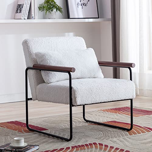 ANJHOME Simple Mid Century Modern Accent Chair, Soft Tufted Upholstered Armchair with Steel Frame, Comfy Lambs Wool Accent Chair Lounge Chairs Single Sofa for Living Room Easy Assembly