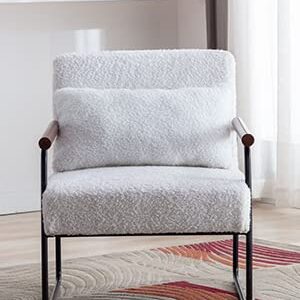 ANJHOME Simple Mid Century Modern Accent Chair, Soft Tufted Upholstered Armchair with Steel Frame, Comfy Lambs Wool Accent Chair Lounge Chairs Single Sofa for Living Room Easy Assembly