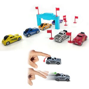 spin 'n rip racers | 6 racer toy car sets | fun race sets | cars & finish gate with flags | patented spin 'n rip wheel will send the car zooming at insane speeds.