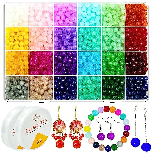 1680pcs 6mm Glass Beads for Jewelry Making, 24 Colors Crystal Gemstone Bracelet Making Bead Round DIY Craft Beads with 2 Rolls Elastic Thread for DIY Craft Earrings Necklace Bracelet(24 Colors-6MM)