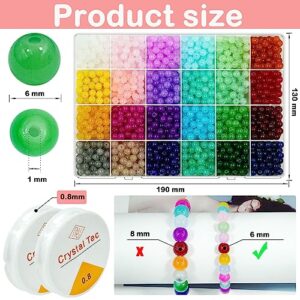 1680pcs 6mm Glass Beads for Jewelry Making, 24 Colors Crystal Gemstone Bracelet Making Bead Round DIY Craft Beads with 2 Rolls Elastic Thread for DIY Craft Earrings Necklace Bracelet(24 Colors-6MM)