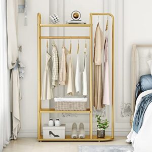 maikailun gold clothing rack,modern industrial clothes rack for hanging clothes with top rod and 3-tier shelves, multi-functional heavy duty garment rack cloest organizer coat rack for boutique