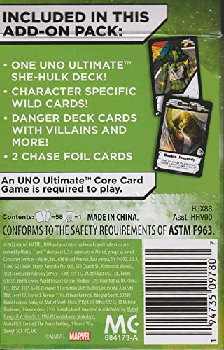 UNO Ultimate Marvel Card Game Add-On Pack with She-Hulk Character Deck & 2 Collectible Foil Cards, Vary