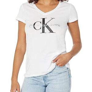 Calvin Klein Women's Foil Monogram Logo V-Neck Short Sleeve Iconic Tee, WHTE Silver, Medium