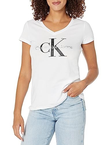 Calvin Klein Women's Foil Monogram Logo V-Neck Short Sleeve Iconic Tee, WHTE Silver, Medium