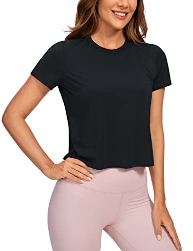 CRZ YOGA Women's Pima Cotton Short Sleeve Crop Tops High Neck Cropped Workout Tops Yoga Athletic Shirts Casual T-Shirt Black Medium