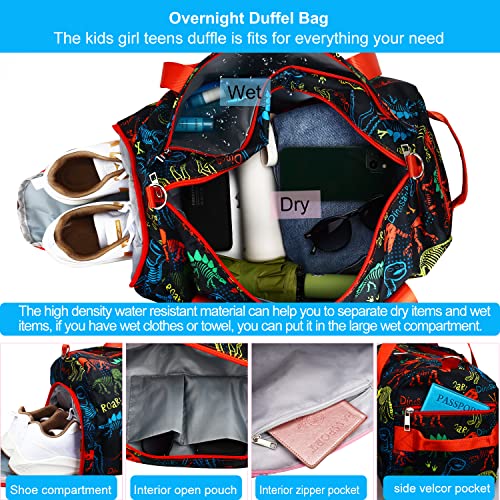 Gym Travel Duffle Bag for Boys - Gymnastics Sports Dance Bag with Shoe Compartment & Wet Pocket Binosaur Kids Travel Bag Teens Weekender Sleepover Carry On Bag