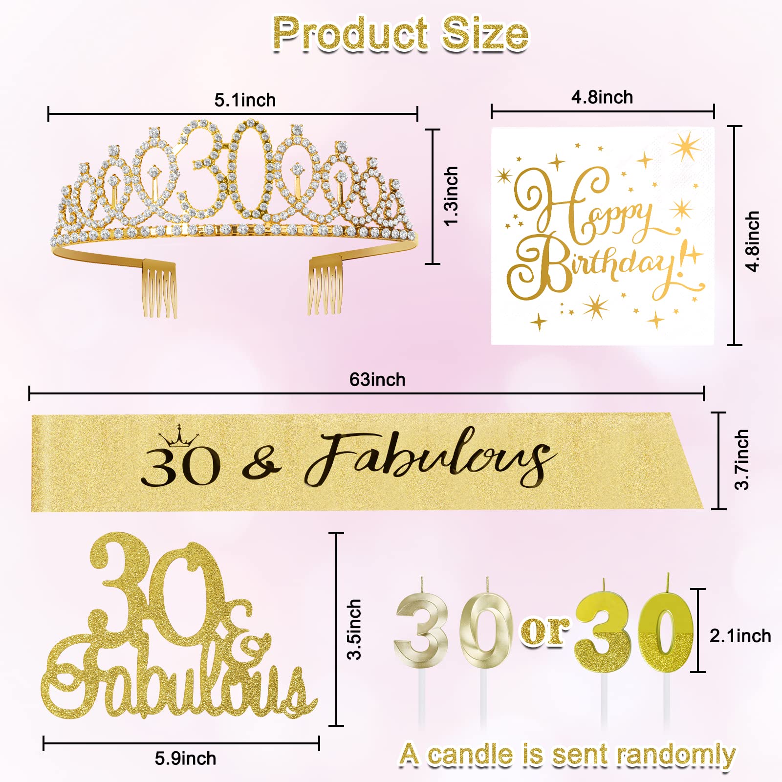 30th Birthday Decorations for Women, 30th Birthday Sash and Tiara CrownCake Topper, Birthday Candles, Napkins Set, 30th Birthday Gifts for Women (Gold)