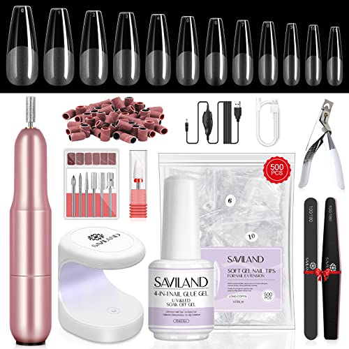 SAVILAND Gel X Kit: Gel Nail Kit with Nail Drill 0.5Oz Nail Glue Gel 500PCS Long Coffin Acrylic Nail Tips U V Light Beginner-Friendly Gel Kit with Everything Home Salon DIY Nail Art Manicure Gift