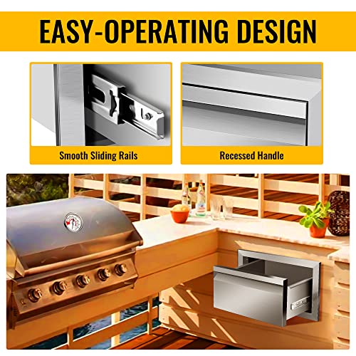 KODOM Outdoor Kitchen Drawers Stainless Steel Flush Mount BBQ Single Drawers for Outdoor Kitchen Island, or Patio Grill Station (Overall Size:14" W x 8.5" H x 23" D inch)