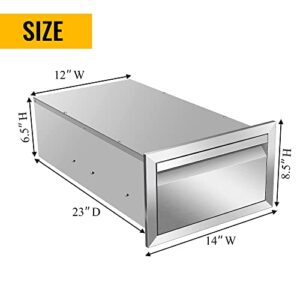 KODOM Outdoor Kitchen Drawers Stainless Steel Flush Mount BBQ Single Drawers for Outdoor Kitchen Island, or Patio Grill Station (Overall Size:14" W x 8.5" H x 23" D inch)