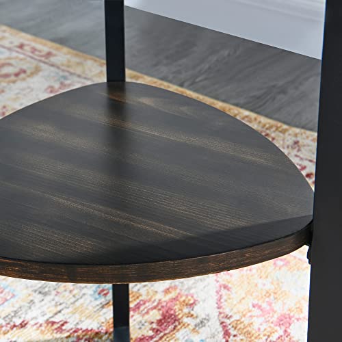 19.3” Round End Table with Storage shelf, Circular Rustic Sofa Side Table with Black Metal Leg, Solid Wood 2-tier Telephone Table, Nightstand, for Living Room Bedroom Entryway Brushed Black BZ2338BK