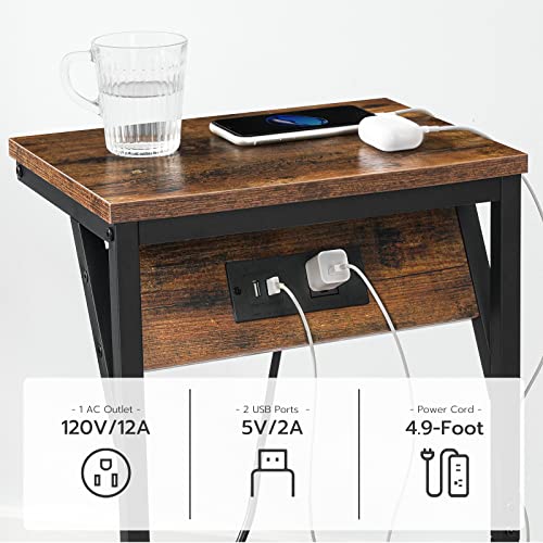 HOOBRO Set of 2 C Shaped End Tables with Charging Station, Side Table for Sofa with USB Ports & Outlet, Industrial Couch Table with Metal Frame for Study Living Room Bedroom, Rustic Brown BF06USFP201