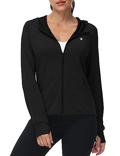 Rdruko Women's Zip Up Hoodie Light Active Jacket UPF 50+ Hiking Outdoor Sun Shirts(Black, US S)