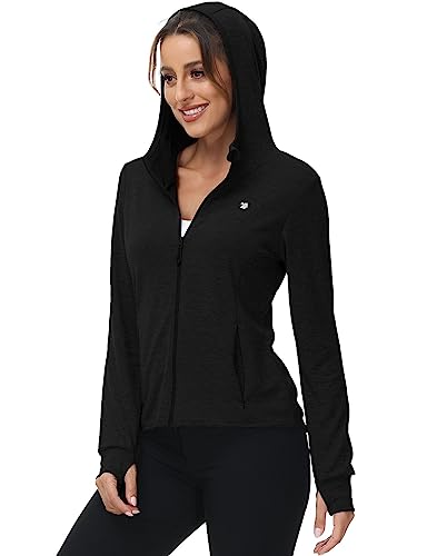 Rdruko Women's Zip Up Hoodie Light Active Jacket UPF 50+ Hiking Outdoor Sun Shirts(Black, US S)