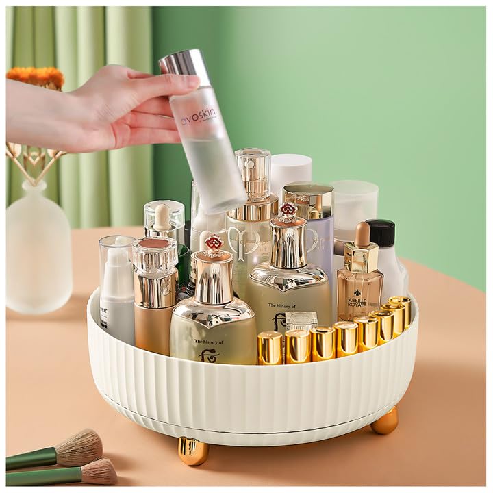 360° rotating storage tray, rotary table diameter 8.66 inches, cosmetics and perfume organizer, desktop storage tray for cosmetics and skincare products Large capacity, small white (8.66"×8.66"×2.95")