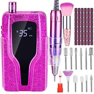 professional 35000 rpm nail drill , rechargeable electric nail file machine e file for acrylic nails gel polishing removing, portable cordless efile with bits kit for manicure salon home pink