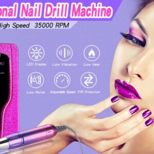 Professional 35000 RPM Nail Drill , Rechargeable Electric Nail File Machine E File for Acrylic Nails Gel Polishing Removing, Portable Cordless Efile with Bits Kit for Manicure Salon Home Pink