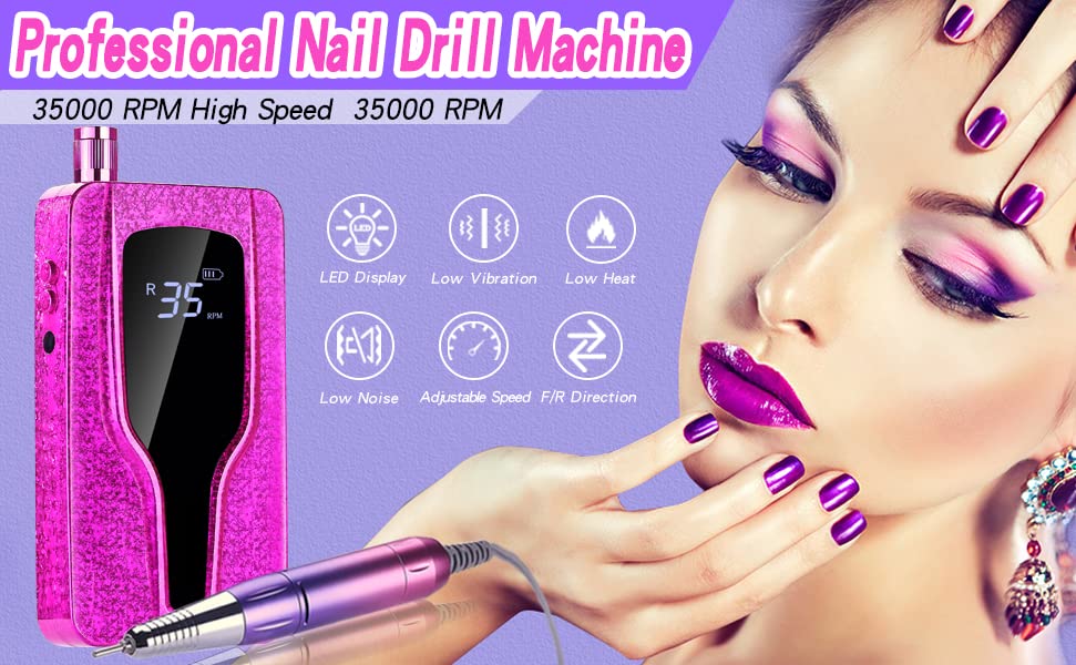 Professional 35000 RPM Nail Drill , Rechargeable Electric Nail File Machine E File for Acrylic Nails Gel Polishing Removing, Portable Cordless Efile with Bits Kit for Manicure Salon Home Pink