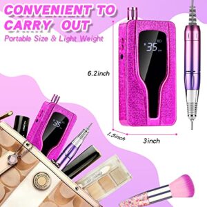 Professional 35000 RPM Nail Drill , Rechargeable Electric Nail File Machine E File for Acrylic Nails Gel Polishing Removing, Portable Cordless Efile with Bits Kit for Manicure Salon Home Pink