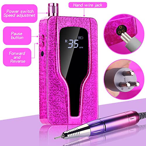 Professional 35000 RPM Nail Drill , Rechargeable Electric Nail File Machine E File for Acrylic Nails Gel Polishing Removing, Portable Cordless Efile with Bits Kit for Manicure Salon Home Pink