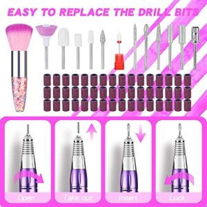 Professional 35000 RPM Nail Drill , Rechargeable Electric Nail File Machine E File for Acrylic Nails Gel Polishing Removing, Portable Cordless Efile with Bits Kit for Manicure Salon Home Pink