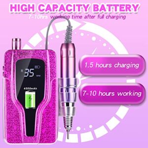 Professional 35000 RPM Nail Drill , Rechargeable Electric Nail File Machine E File for Acrylic Nails Gel Polishing Removing, Portable Cordless Efile with Bits Kit for Manicure Salon Home Pink