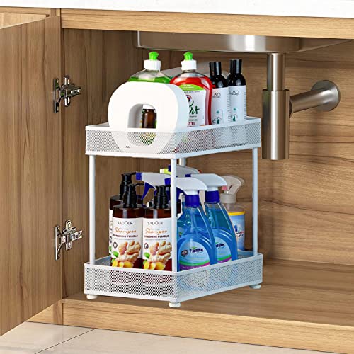 SZJHXIN Under Sink Organizers and Storage,Kitchen Bathroom Cabinet Organizer and Storage,2 Tier Metal Under Cabinet Basket Storage Shelf with 4 Hooks,Under Sink Cabinet Storage Organizer(White)