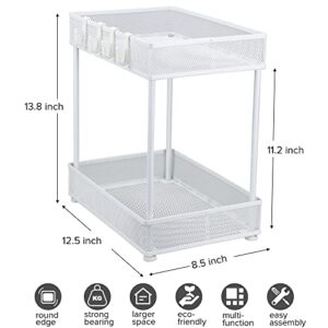 SZJHXIN Under Sink Organizers and Storage,Kitchen Bathroom Cabinet Organizer and Storage,2 Tier Metal Under Cabinet Basket Storage Shelf with 4 Hooks,Under Sink Cabinet Storage Organizer(White)