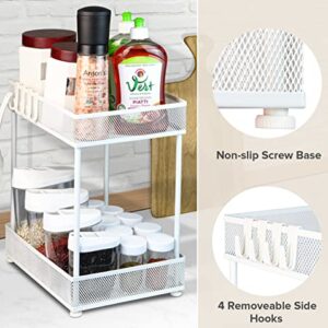 SZJHXIN Under Sink Organizers and Storage,Kitchen Bathroom Cabinet Organizer and Storage,2 Tier Metal Under Cabinet Basket Storage Shelf with 4 Hooks,Under Sink Cabinet Storage Organizer(White)