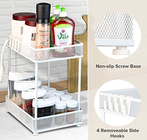 SZJHXIN Under Sink Organizers and Storage,Kitchen Bathroom Cabinet Organizer and Storage,2 Tier Metal Under Cabinet Basket Storage Shelf with 4 Hooks,Under Sink Cabinet Storage Organizer(White)