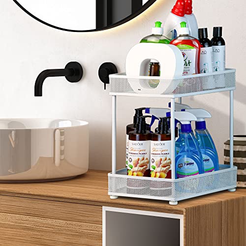 SZJHXIN Under Sink Organizers and Storage,Kitchen Bathroom Cabinet Organizer and Storage,2 Tier Metal Under Cabinet Basket Storage Shelf with 4 Hooks,Under Sink Cabinet Storage Organizer(White)