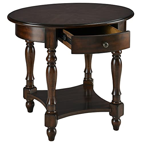 LEEMTORIG Solid Wood End Table with Drawer, Oval Round Bed Side Table, 2-Tier Nightstand with Pattern Desktop for Living Room Bedroom, Easy Assemble, Dark Walnut CJZ-2233-DC