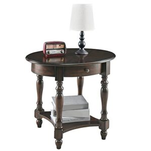 LEEMTORIG Solid Wood End Table with Drawer, Oval Round Bed Side Table, 2-Tier Nightstand with Pattern Desktop for Living Room Bedroom, Easy Assemble, Dark Walnut CJZ-2233-DC