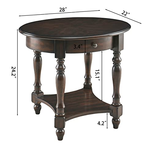 LEEMTORIG Solid Wood End Table with Drawer, Oval Round Bed Side Table, 2-Tier Nightstand with Pattern Desktop for Living Room Bedroom, Easy Assemble, Dark Walnut CJZ-2233-DC