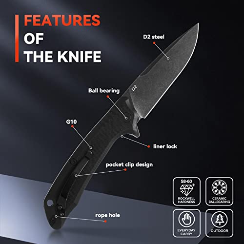 youglatt Folding Pocket Knife, D2 Steel Quality Blade G10 Handle Folding Knife, Sharp and Durable, Easy to Carry, Suitable for Collection, Outdoor Camping