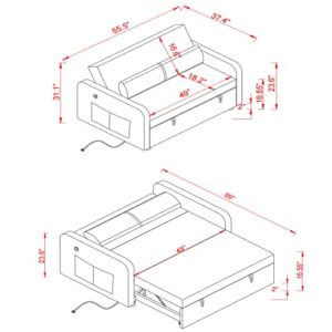 LUMISOL 55.5" Convertible Sleeper Sofa Bed with USB Ports and Side Pockets, Loveseat Sofa with Pull Out Bed, Small Couch with Adjustable Backrest and 2 Lumbar Pillows for Living Room, Apartment