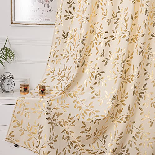 Deeprove Velvet Curtain 63 Inch Length, Glitter Metallic Sparkle Gold Leaves Bronzing Foil Print, Semi-Blackout Window Treatment Drape for Bedroom Xmas Decor Rod Pocket, 1 Panel W52 x L63, Cream White