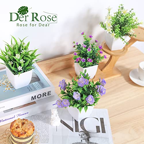 Der Rose 4 Packs Small Fake Plants Mini Artificial Faux Plants with Flowers for Home Room Farmhouse Bathroom Decor Indoor