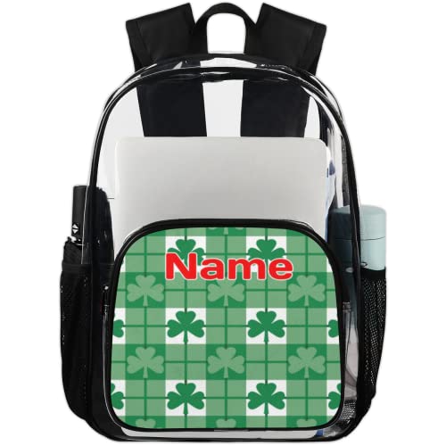 Herdesigns St Patricks Da Personalized Clear Backpack Plaid Lucky Clover Green Shamrocks Custom Large Clear Backpack Heavy Duty PVC Transparent Backpack with Reinforced Strap See Through Backpacks