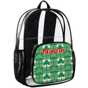 Herdesigns St Patricks Da Personalized Clear Backpack Plaid Lucky Clover Green Shamrocks Custom Large Clear Backpack Heavy Duty PVC Transparent Backpack with Reinforced Strap See Through Backpacks