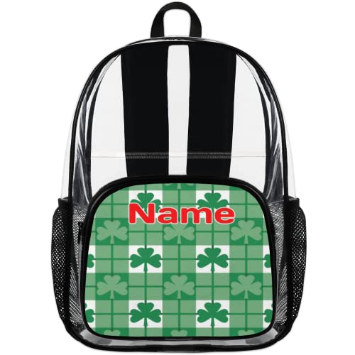 Herdesigns St Patricks Da Personalized Clear Backpack Plaid Lucky Clover Green Shamrocks Custom Large Clear Backpack Heavy Duty PVC Transparent Backpack with Reinforced Strap See Through Backpacks