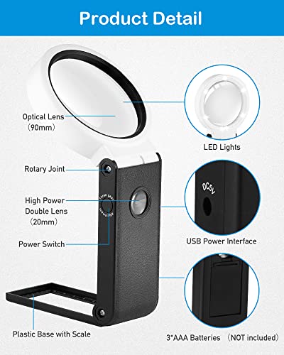 Wapodeai Magnifying Glass with Light, 6X 25X Magnifying Glass for Reading, Suitable for Reading, Jewellery, Crafts, Lnspection, Science, Seniors Read, Stamps, Map.