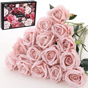 cloudecor 15pcs artificial roses velet real touch single stem fake roses silk realistic bouquet flowers arrangements home office garden grave party wedding decoration(light pink-15p, blossom roses)