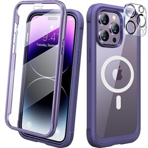 diaclara designed for iphone 14 pro case 6.1’’,[compatible with magsafe] full body rugged magnetic protective case+tempered glass camera lens protector w/built-in screen protector (purple-mag)